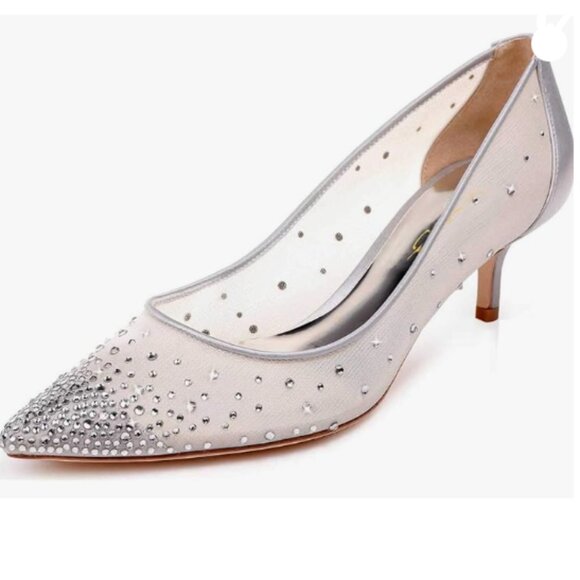XYD | Shoes | Xyd Silver Low Heels Pumps Sheer Mesh Crystal Studs ...